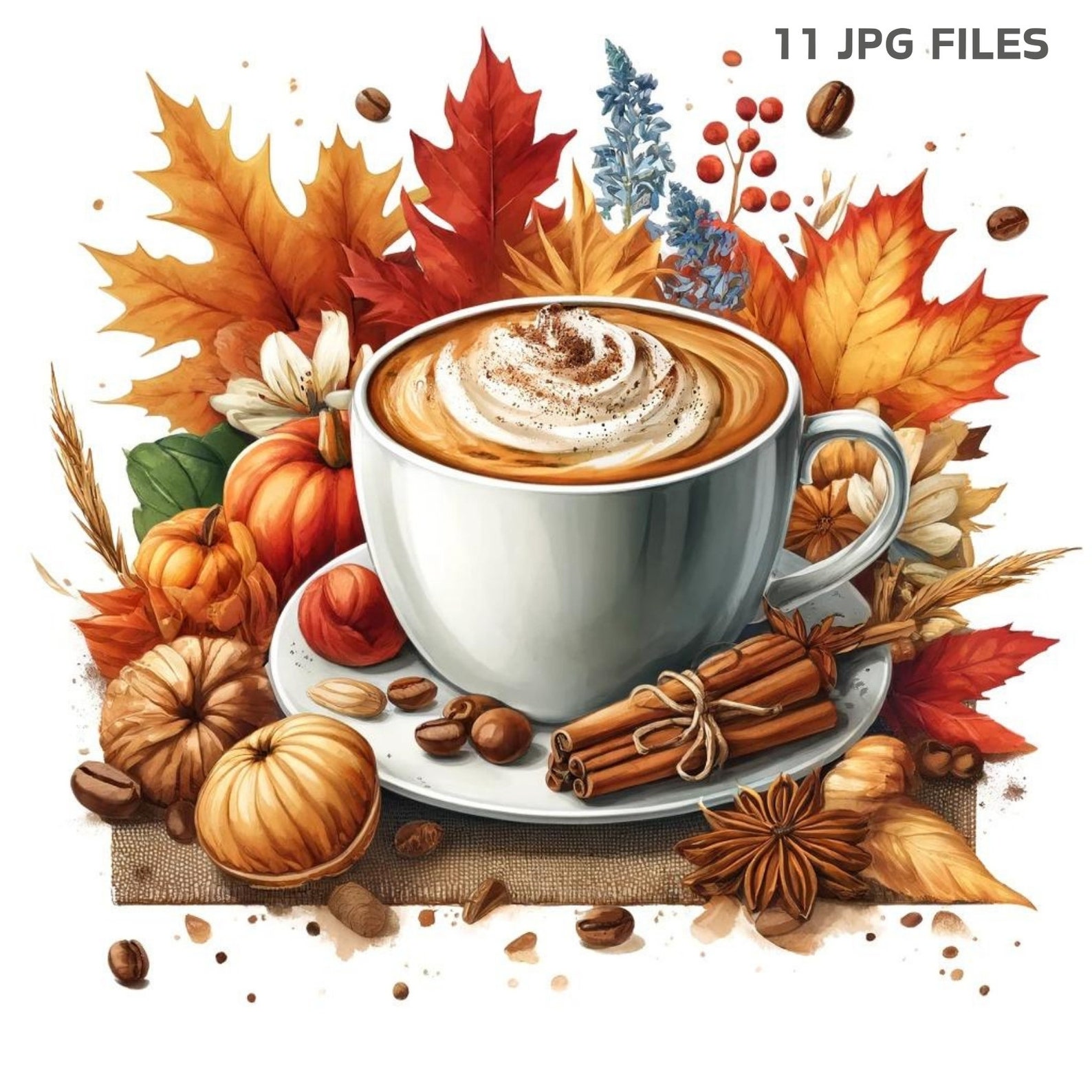 Autumn Coffee Clipart Bundle, Watercolor Fall Leaves, Coffee Mug ...