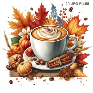 Autumn Coffee Clipart Bundle, Watercolor Fall Leaves, Coffee Mug ...