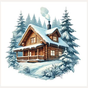 Log Cabin in Snow Images, Winter Watercolor Clipart Pack, Crafting Junk ...