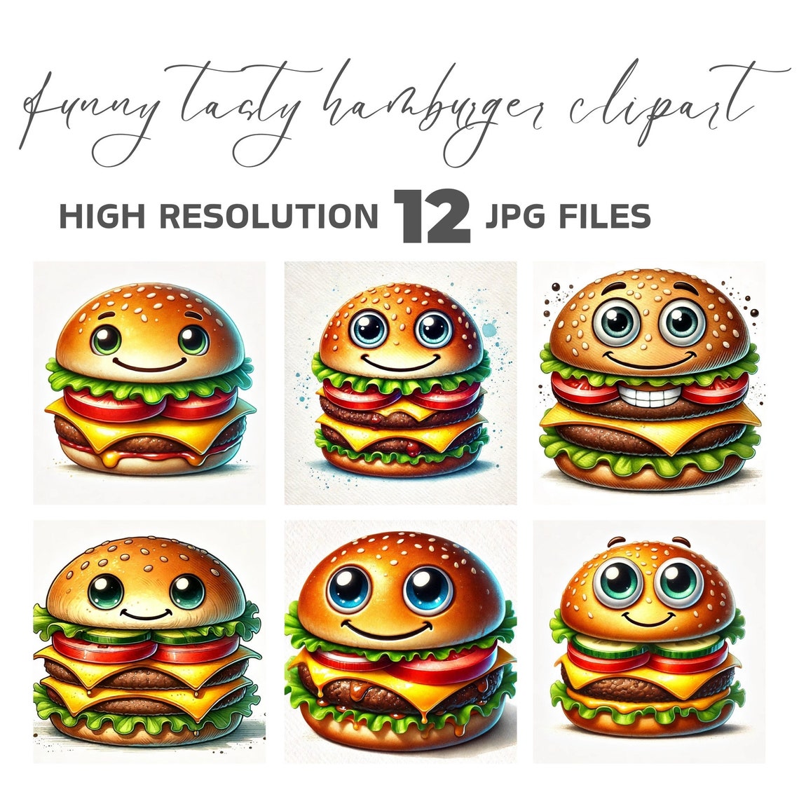 Funny Hamburger Icons, Digital Watercolor Food Clipart Bundle ...