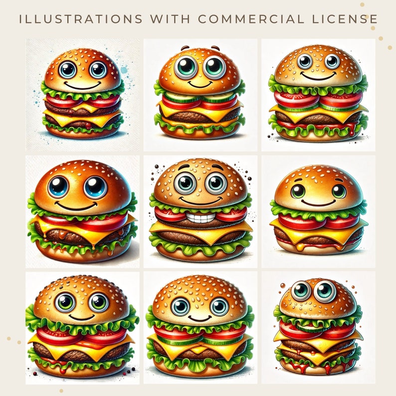 Funny Hamburger Icons, Digital Watercolor Food Clipart Bundle ...