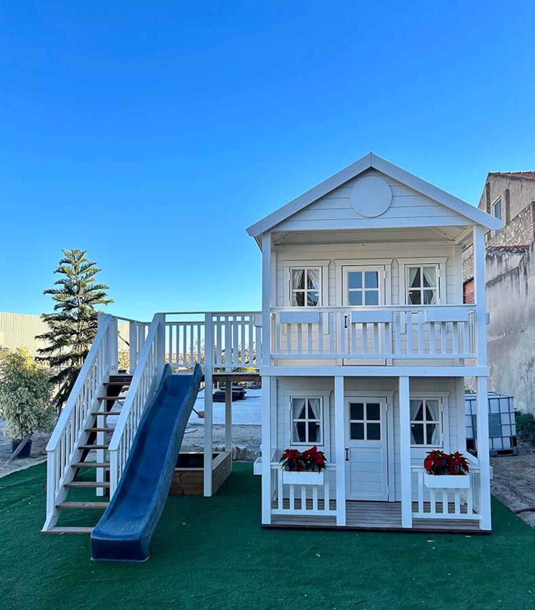 Large Two-story Wooden Playhouse Backyard Adventure House With Slide ...