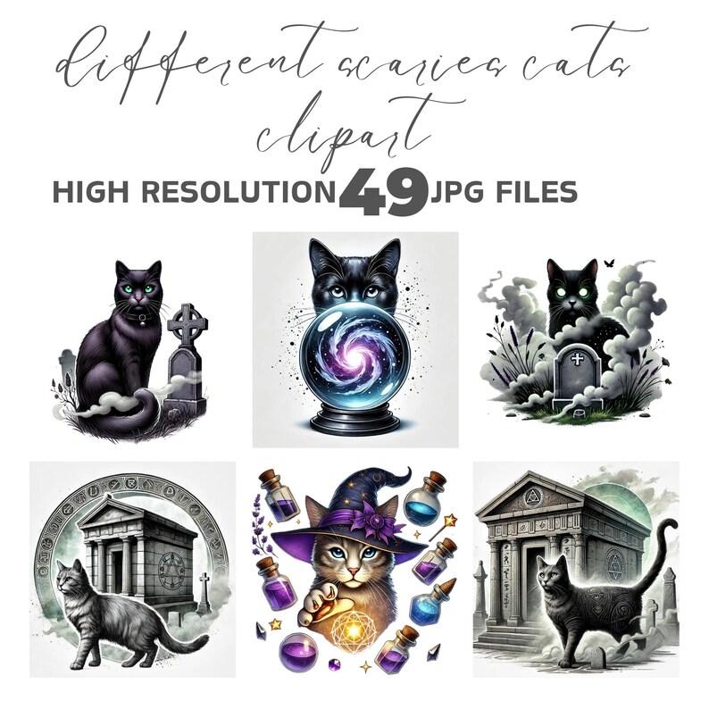 Spooky Cats Clipart Bundle, Instant Download Halloween Design, Creepy ...