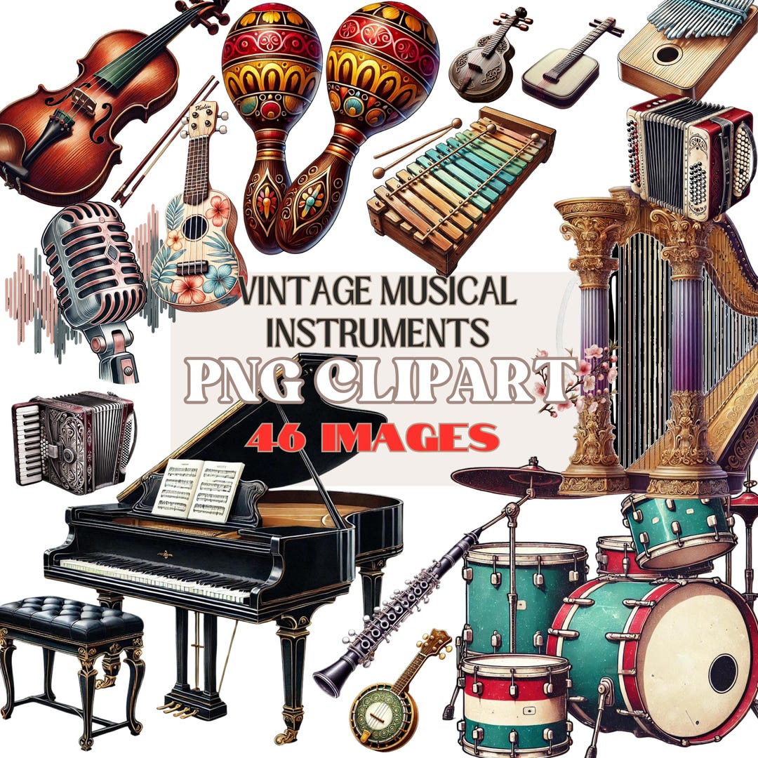 Vintage Musical Instruments Clipart Bundle, High Resolution PNG for ...