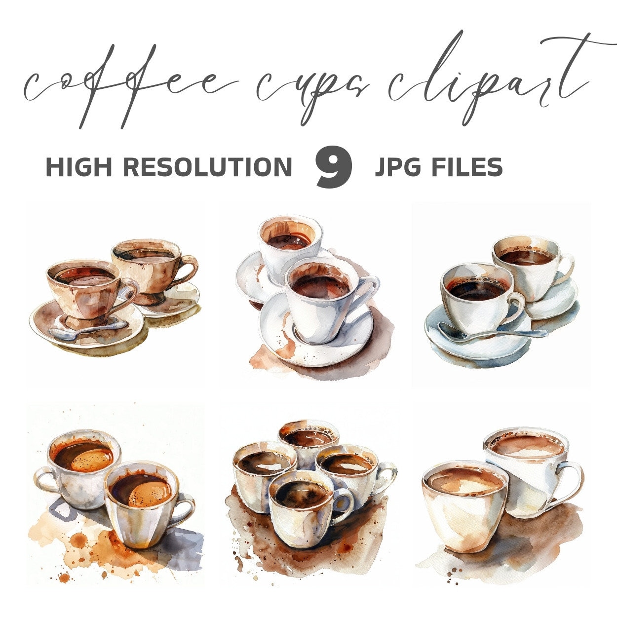 9 Watercolor Coffee Cups Clipart Set, Digital Art for Scrapbooking and ...