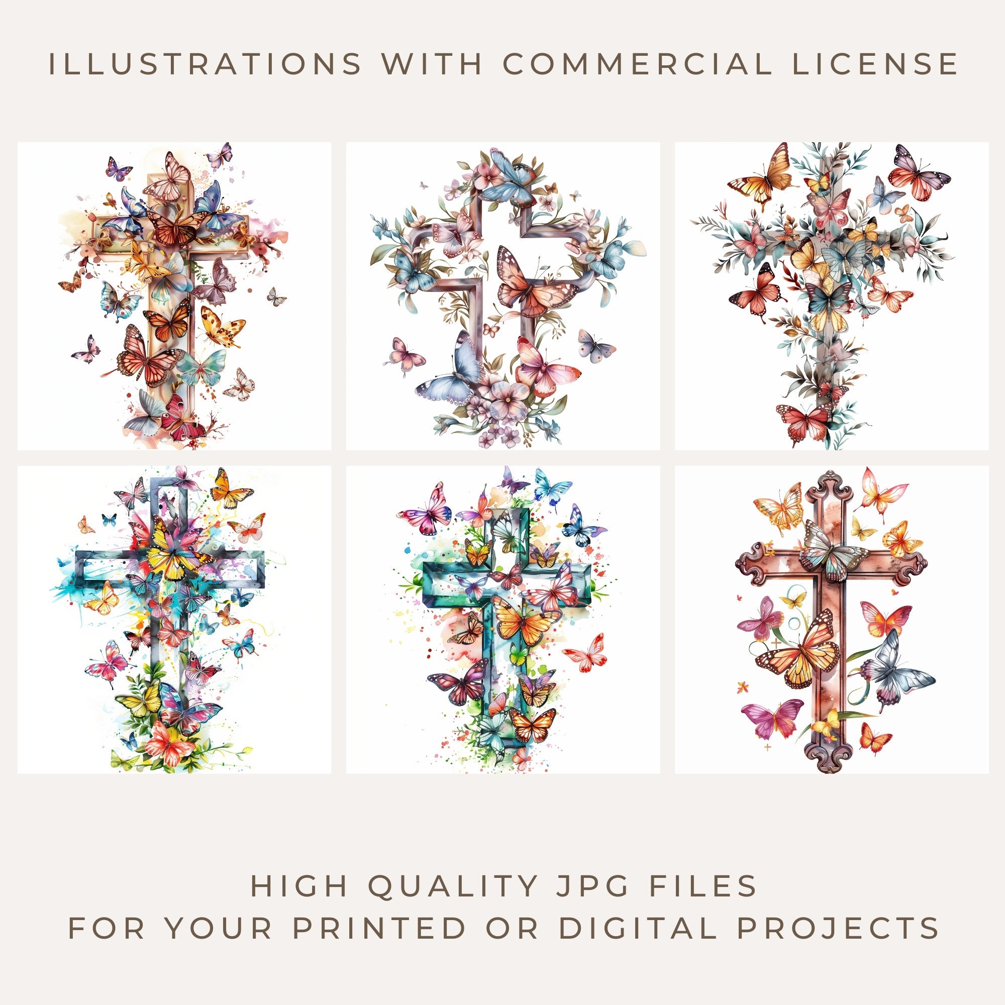 12 Butterflies With Cross Clipart, Spring Butterfly Print and Cross Set ...