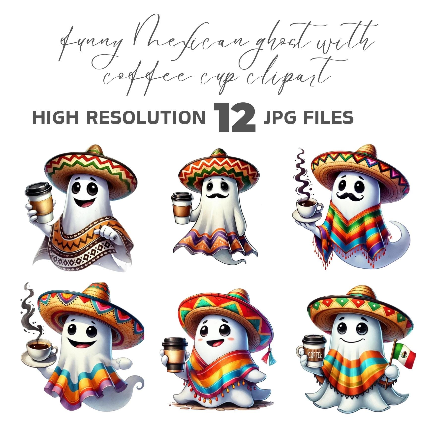 Funny Mexican Ghost With Coffee Cup Clipart, Cute Spanglish Ghost ...