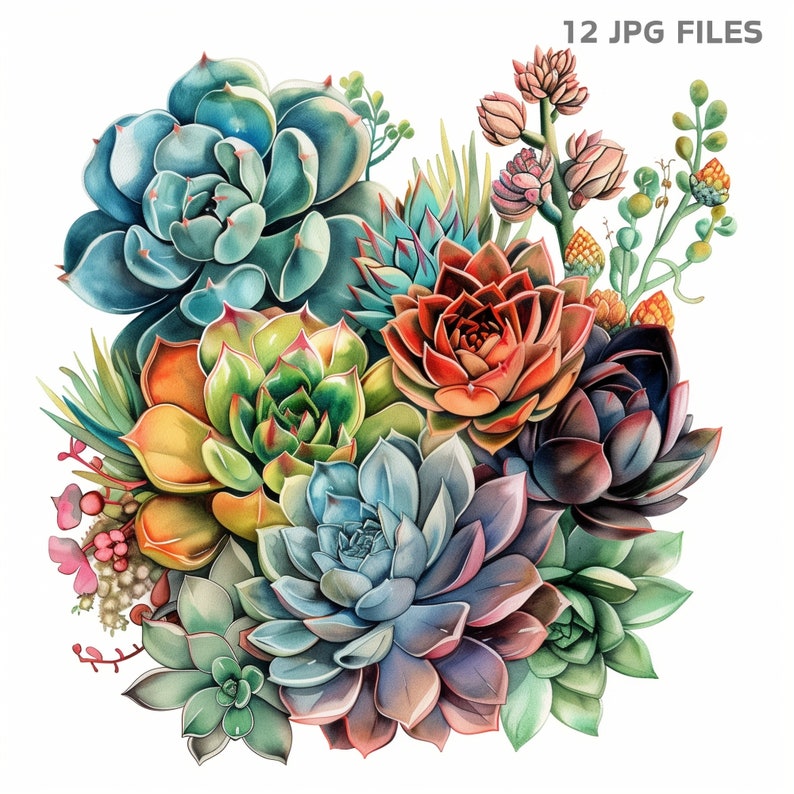 12 Watercolor Succulent Clip Art Set Digital Bundle for Junk Journal ...