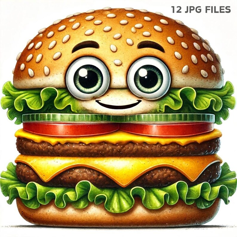 Funny Hamburger Icons, Digital Watercolor Food Clipart Bundle ...