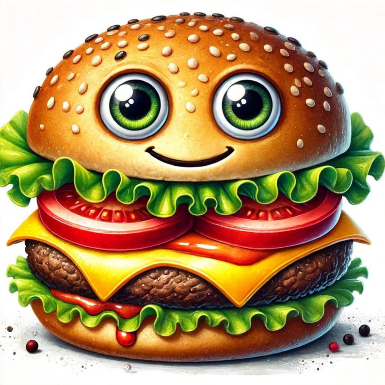 Funny Hamburger Icons, Digital Watercolor Food Clipart Bundle ...