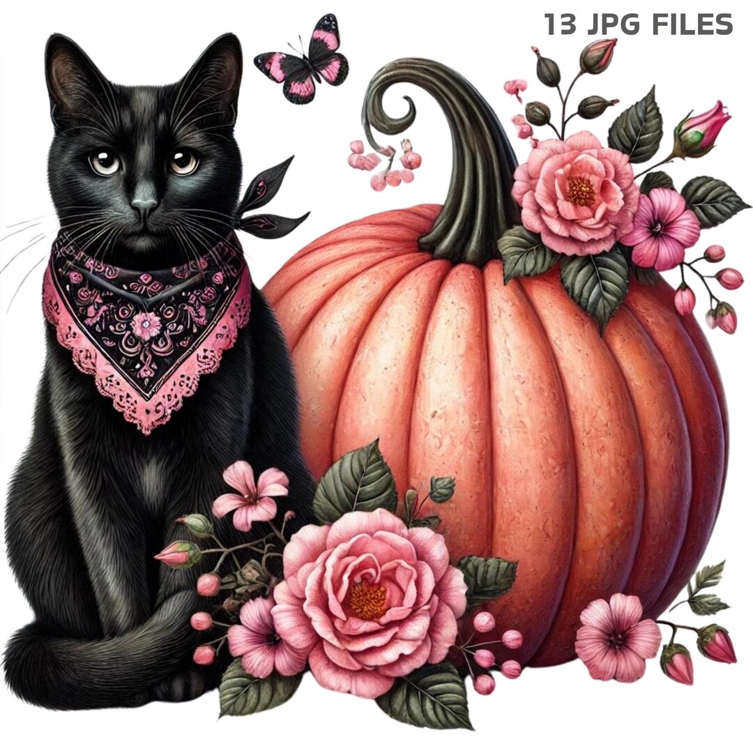 Watercolor Pumpkin Patch Clipart With Halloween Cat, Digital Crafting ...