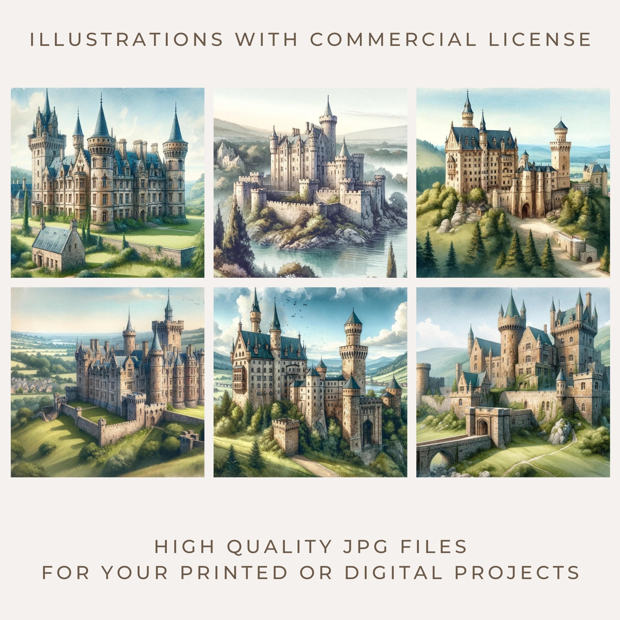 Medieval Castle Watercolor Clipart Bundle, Instant Download JPG Files ...