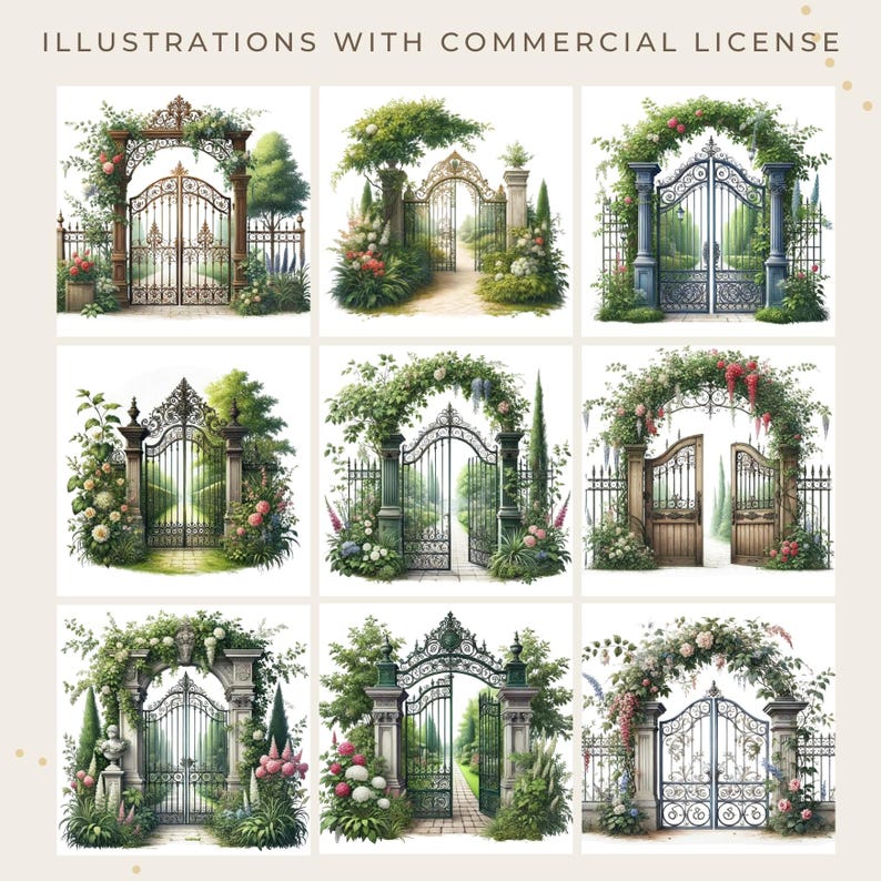 Vintage Garden Gates Clipart Set, Watercolor Landscape, Flower Arch ...