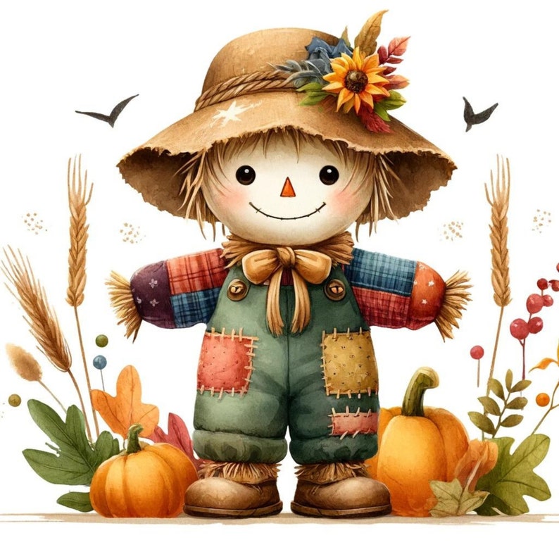 Fall Scarecrow Clipart, Vintage Watercolor Graphics, Digital Crafting ...