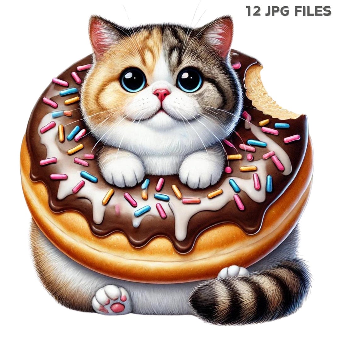 Donut Cat Clipart Bundle, Kawaii Animal Images, Digital Watercolor Set ...