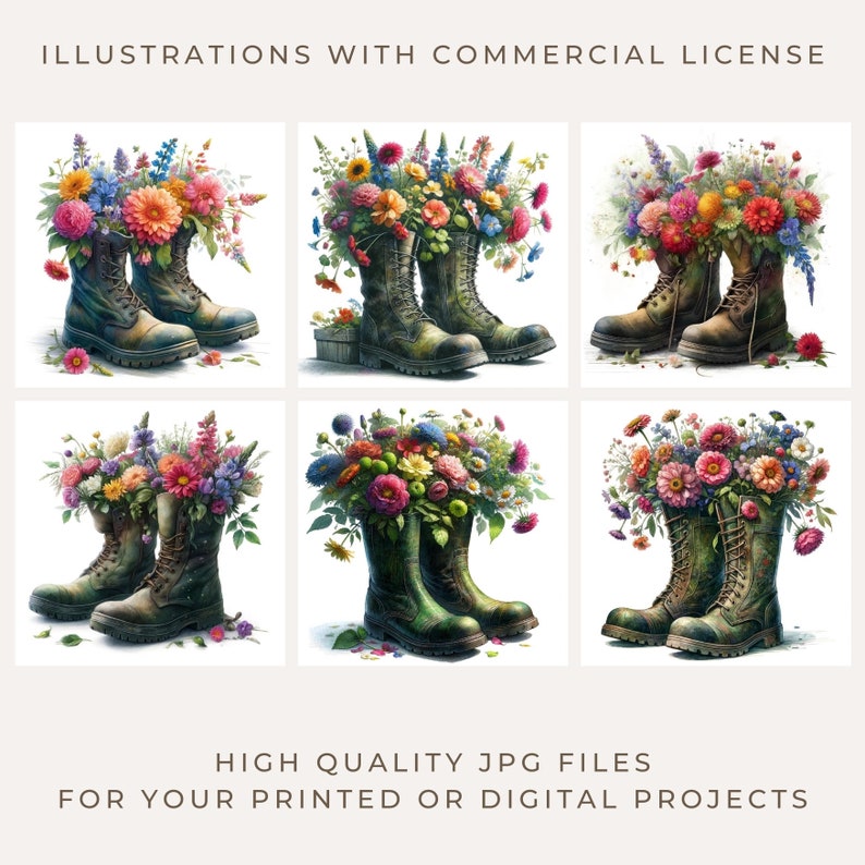 10 Watercolor Flower Boots Clipart for Commercial Use, Botanical Floral ...