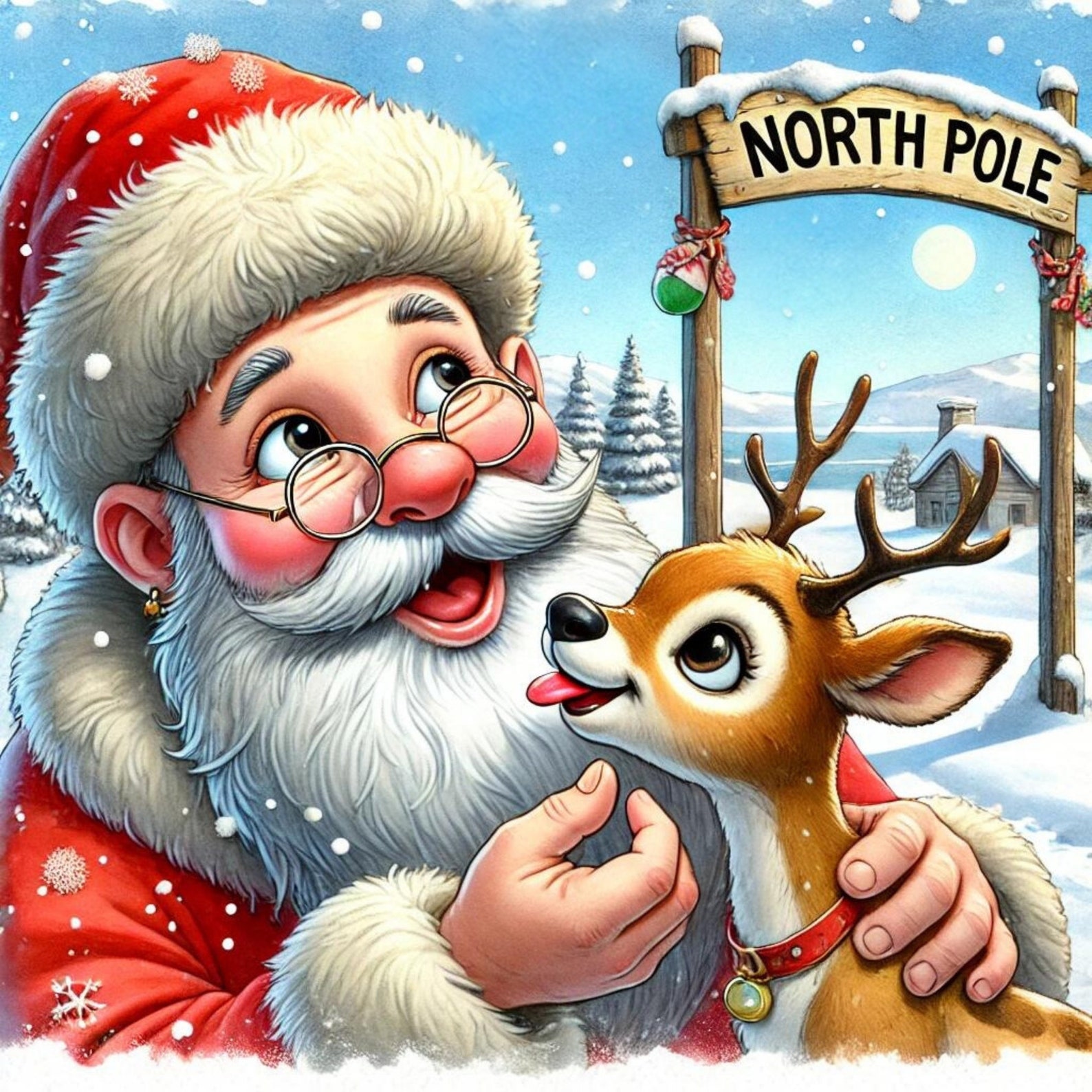 Santa Claus Feeding His Reindeer at the North Pole Clipart,instant ...