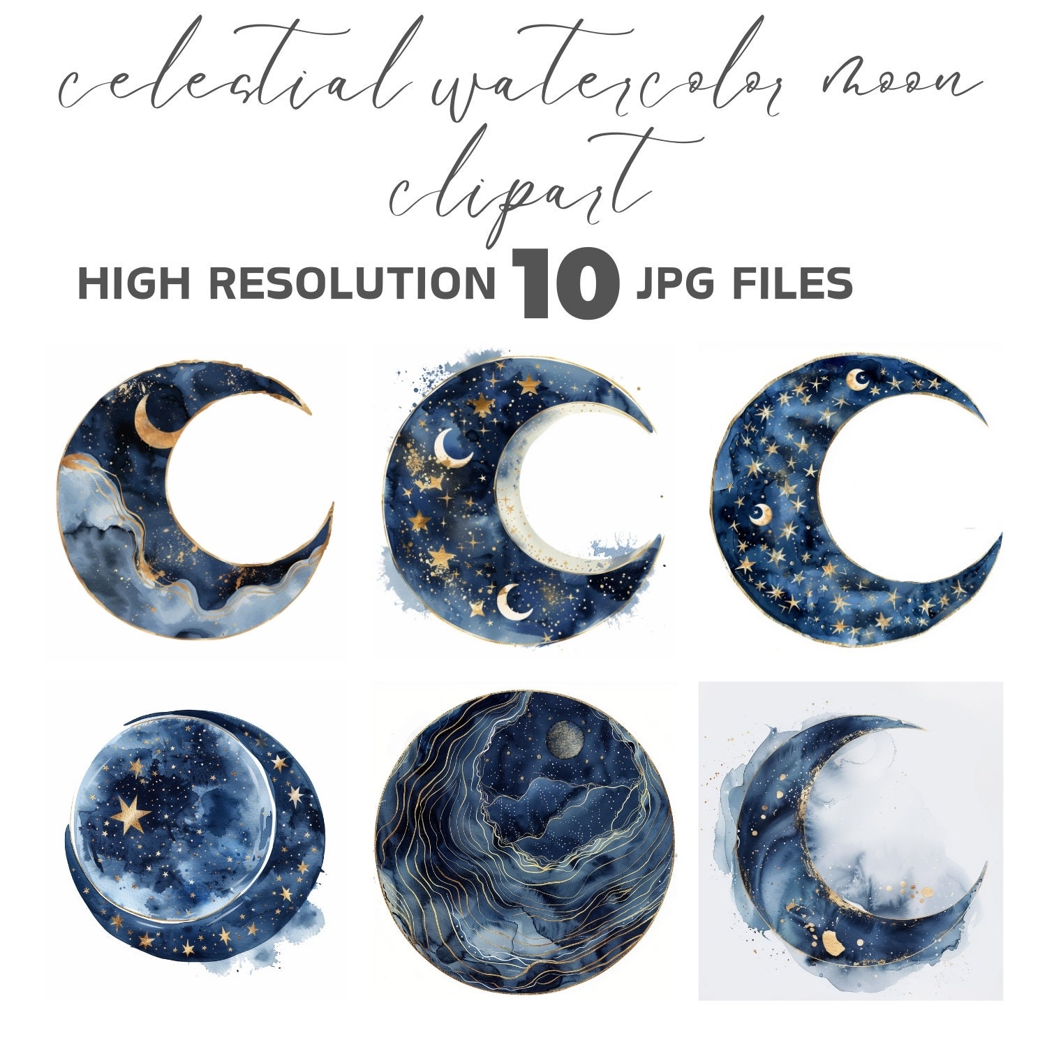10 Celestial Moon Phases Clipart, Mystical Digital Watercolor Prints ...