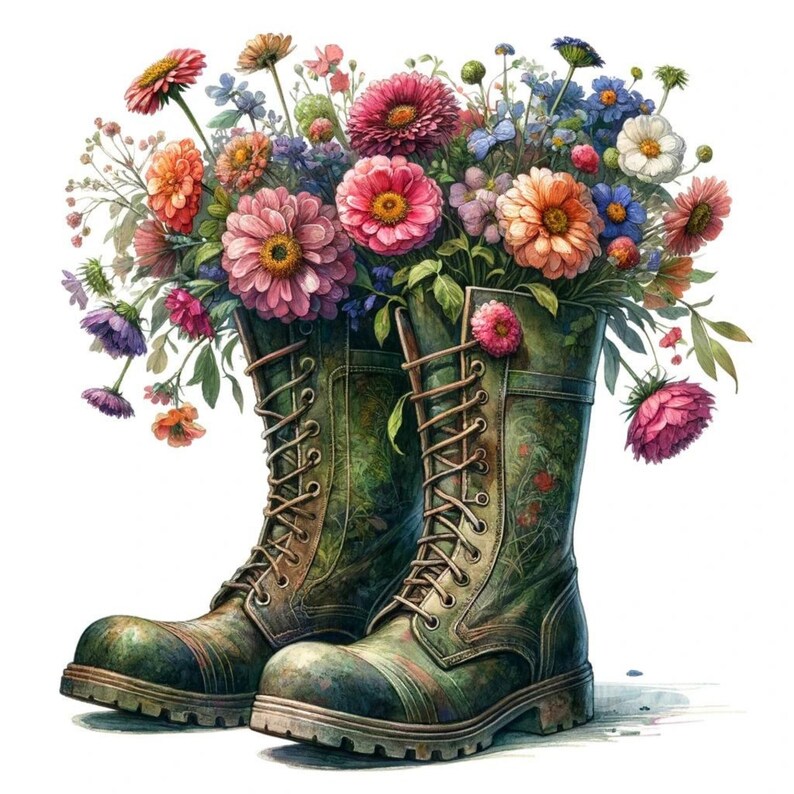 10 Watercolor Flower Boots Clipart for Commercial Use, Botanical Floral ...