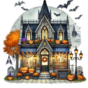 Halloween Shop Clipart, Watercolor Magic Storefront Designs ...