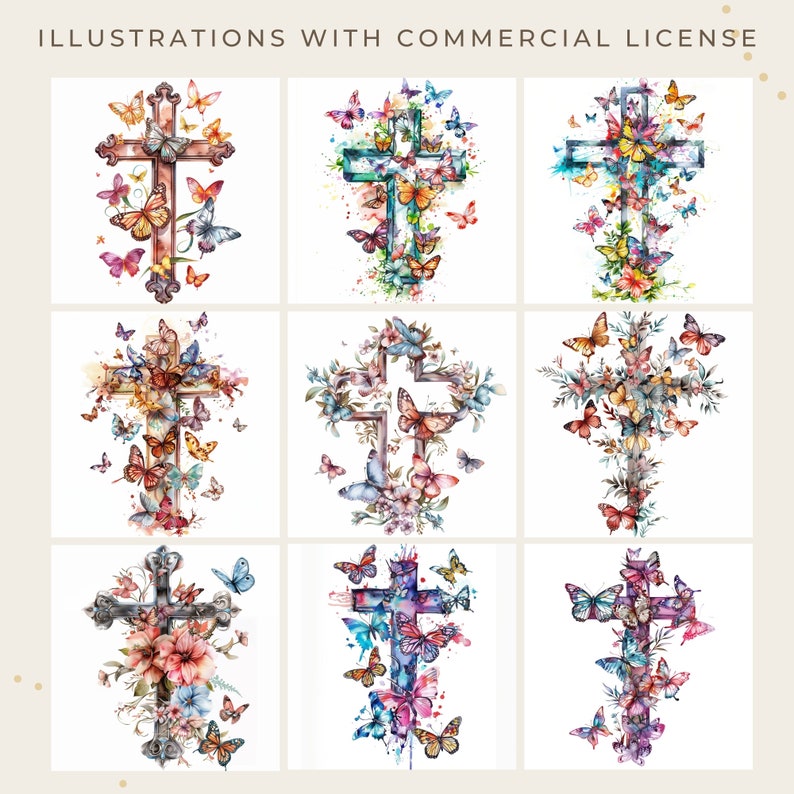 12 Butterflies With Cross Clipart, Spring Butterfly Print and Cross Set ...