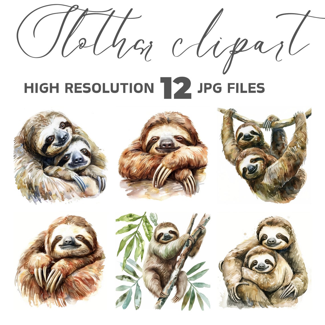 12 Adorable Sloths Clipart Bundle Cute Animal Clipart for DIY Projects ...