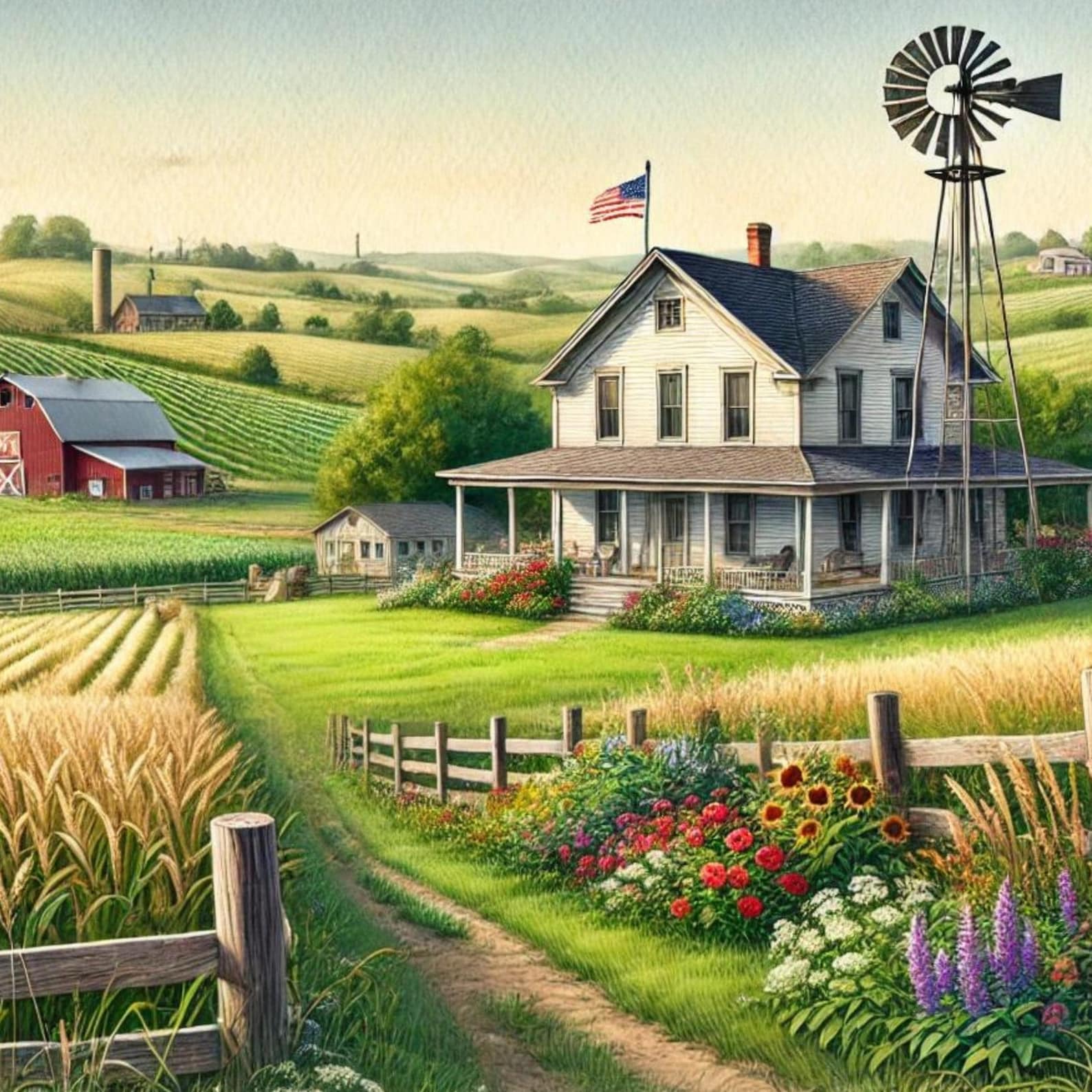 American Homestead Landscape Clipart, Digital Crafting Files for Junk ...