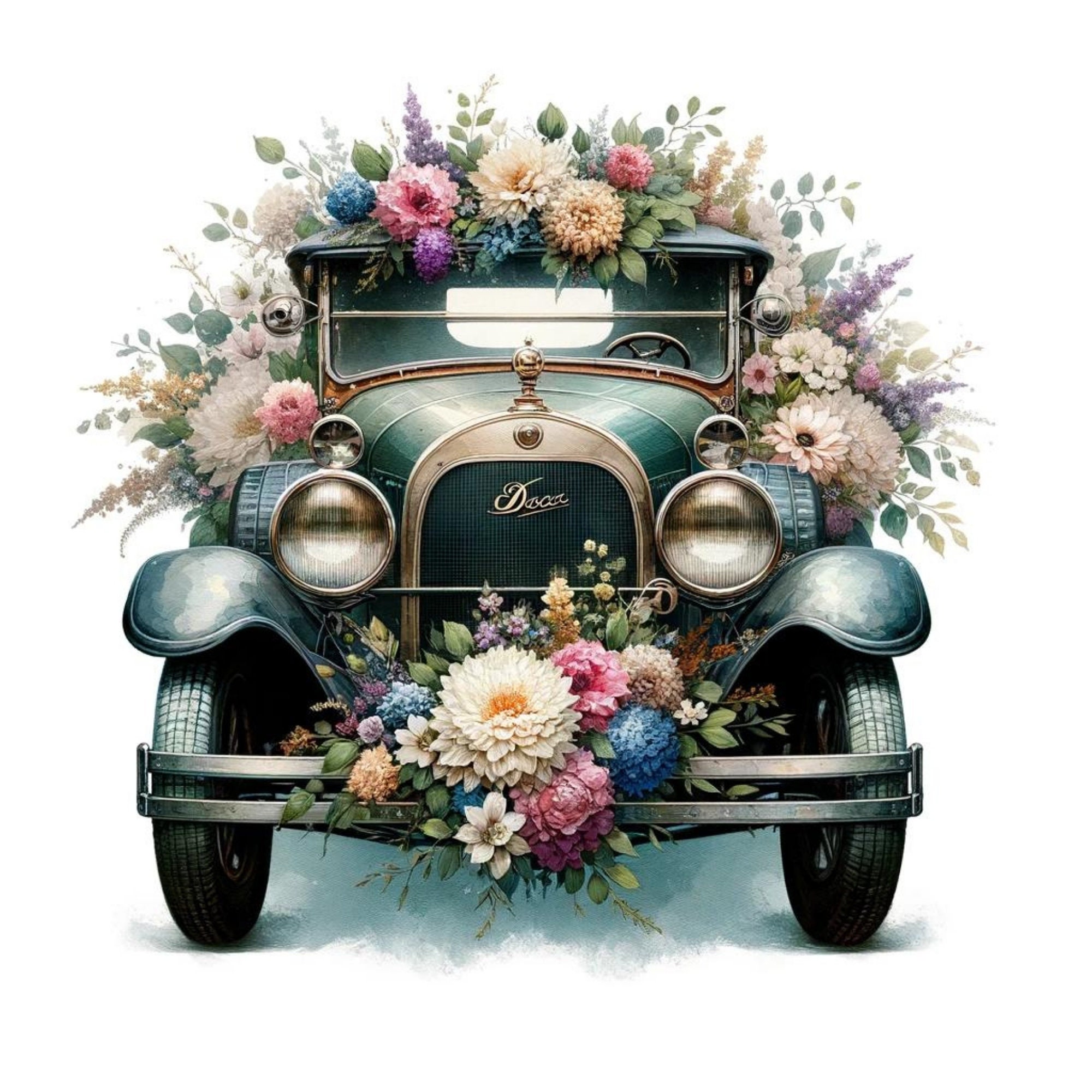 Vintage Car With Flowers Clipart, Instant Download for Commercial Use ...