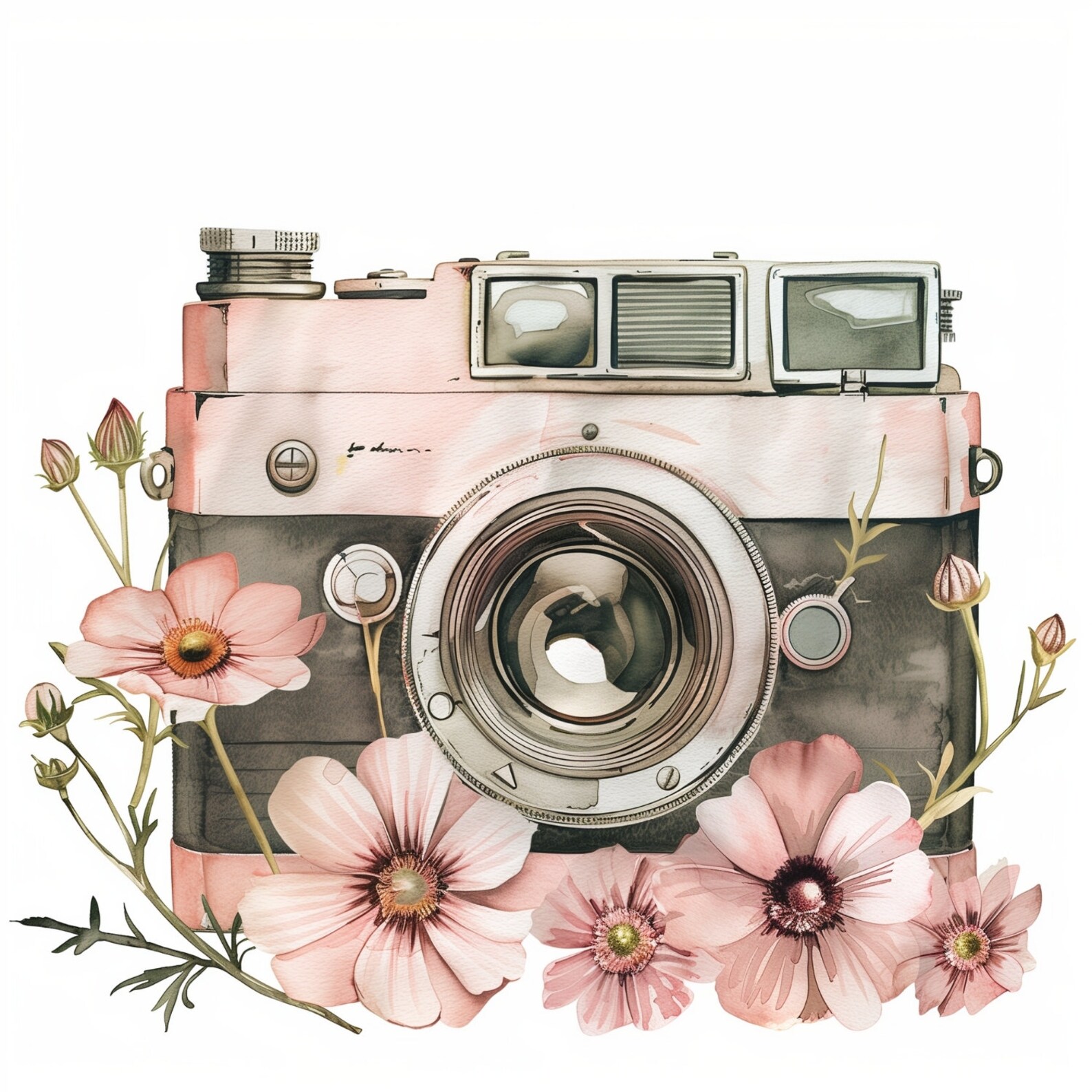 12 Retro Camera Clipart, Watercolor Flowers Digital Printable for ...