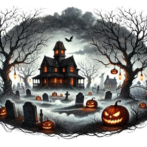 Gloomy Landscapes, Spooky Ghosts, Haunted Castles, Vintage Halloween Clipart, Eerie Digital ...