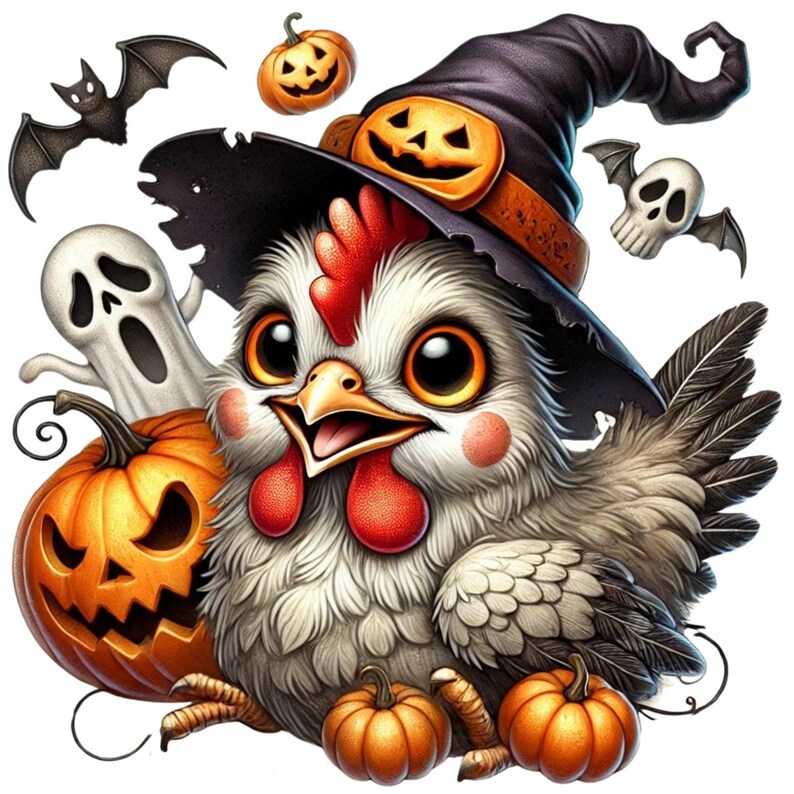 Spooky Halloween Chickens Clipart, Funny Chicken Witch & Pumpkin ...