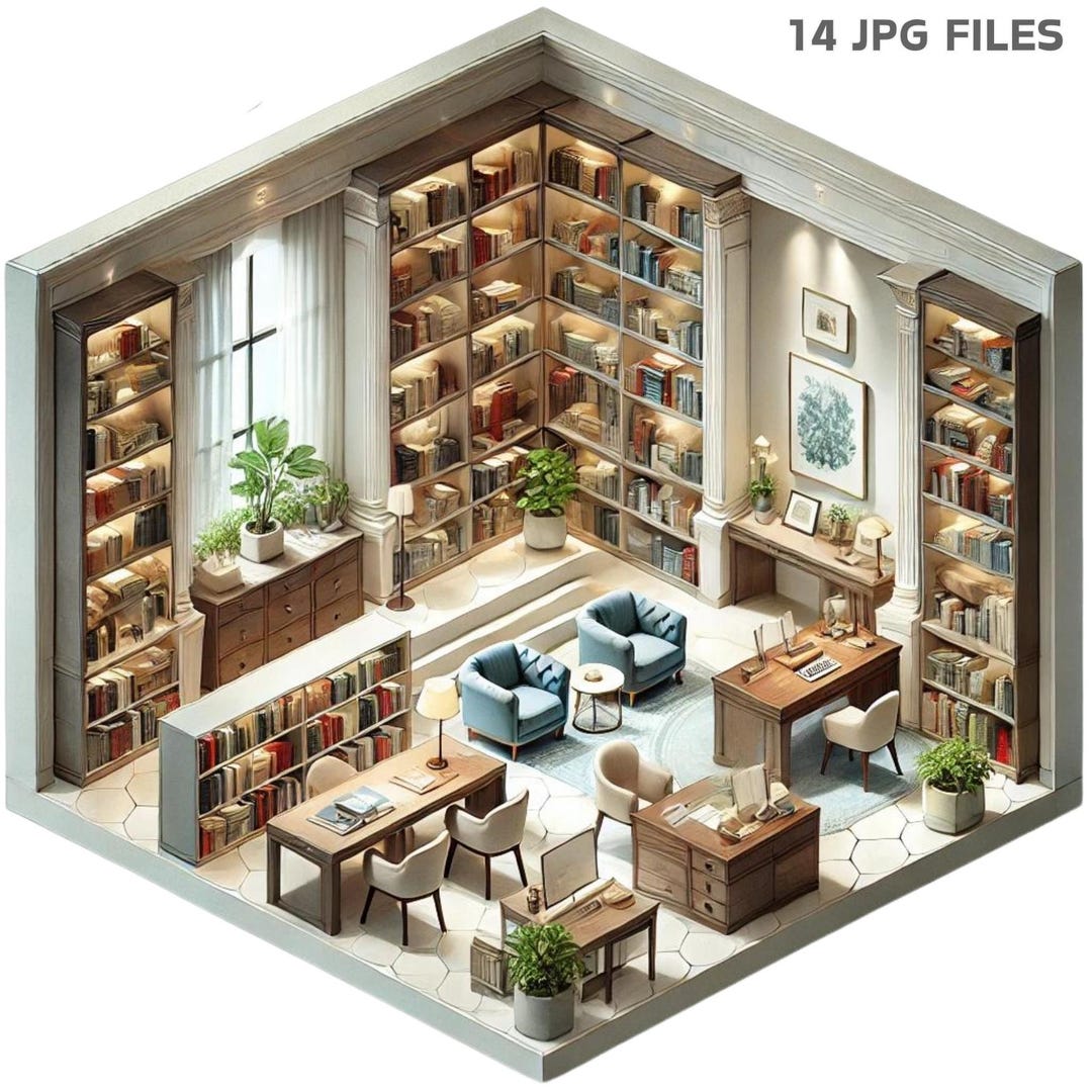 Isometric 3D Library Room Clipart, Shabby Chic Digital Paper ...