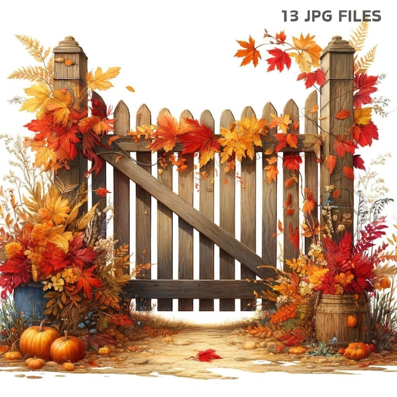 Autumn Garden Fence Watercolor Clipart Set, Digital Crafting, Fall ...