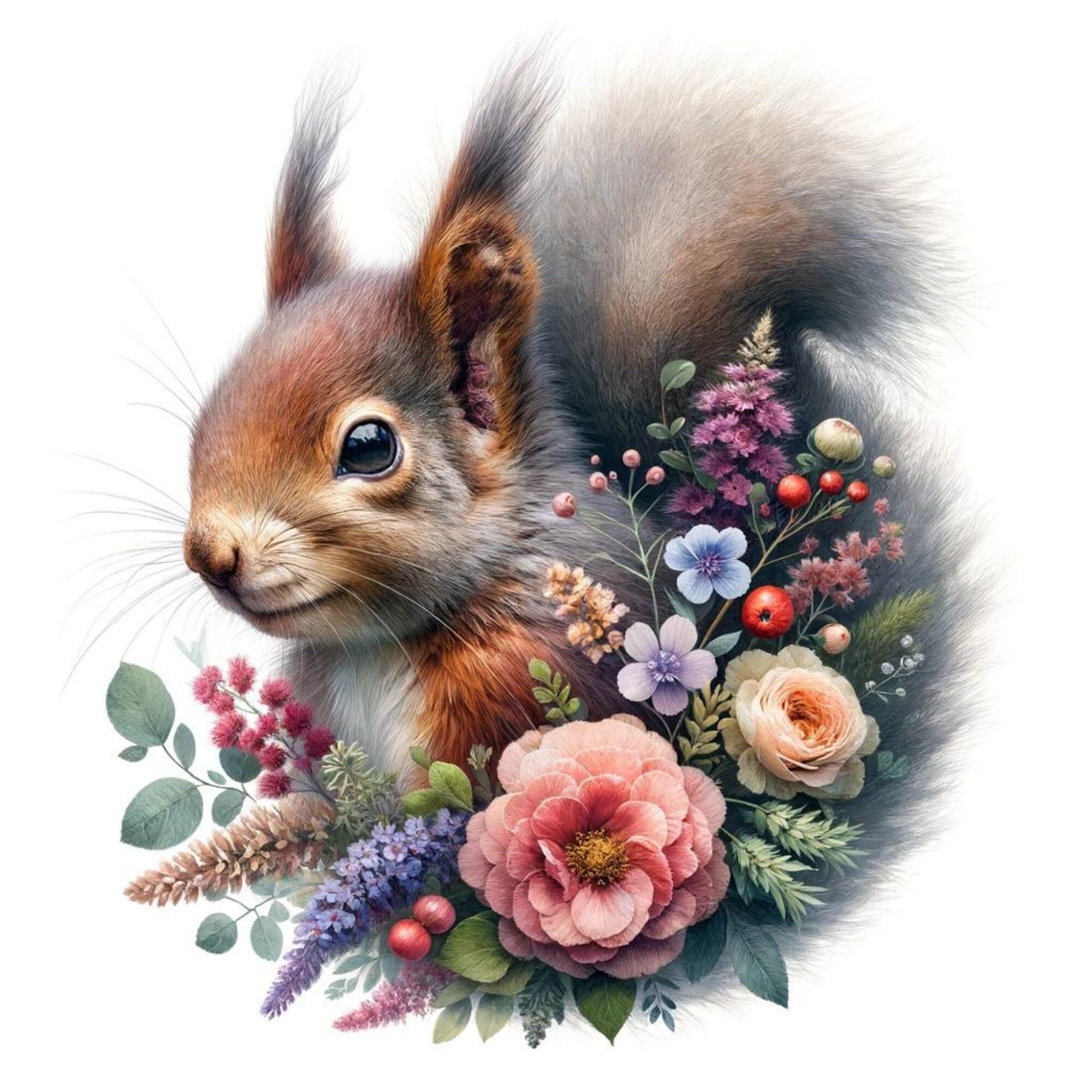 Squirrel With Flowers Clipart, Watercolor Squirrel, Instant Download ...
