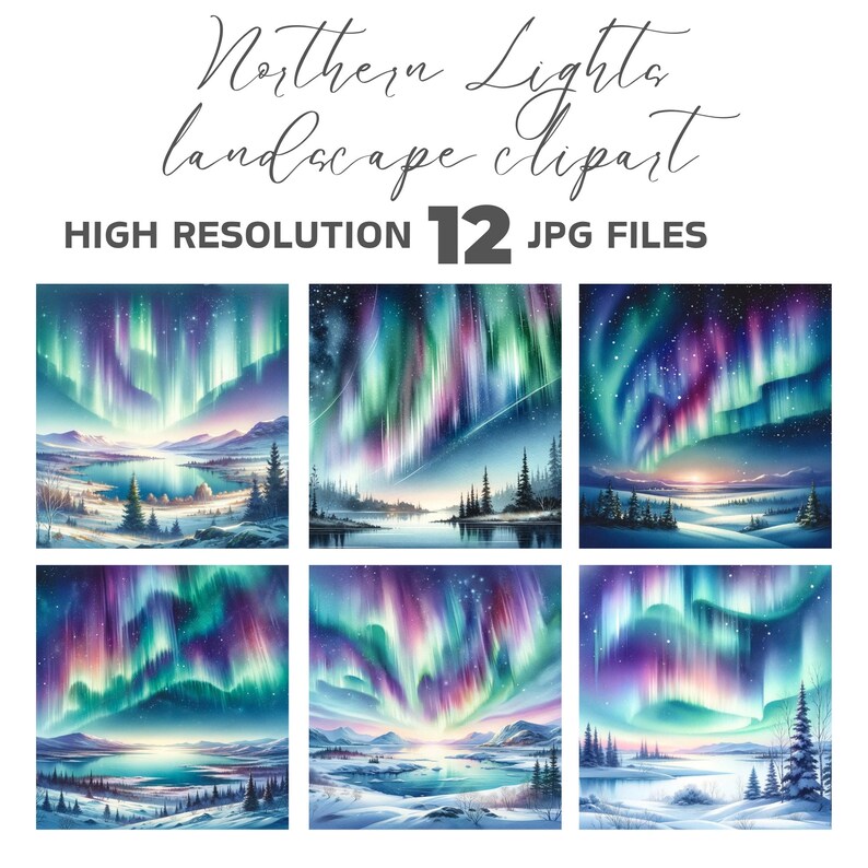 Northern Lights Watercolor Clipart Set, Instant Download for Scrapbook ...