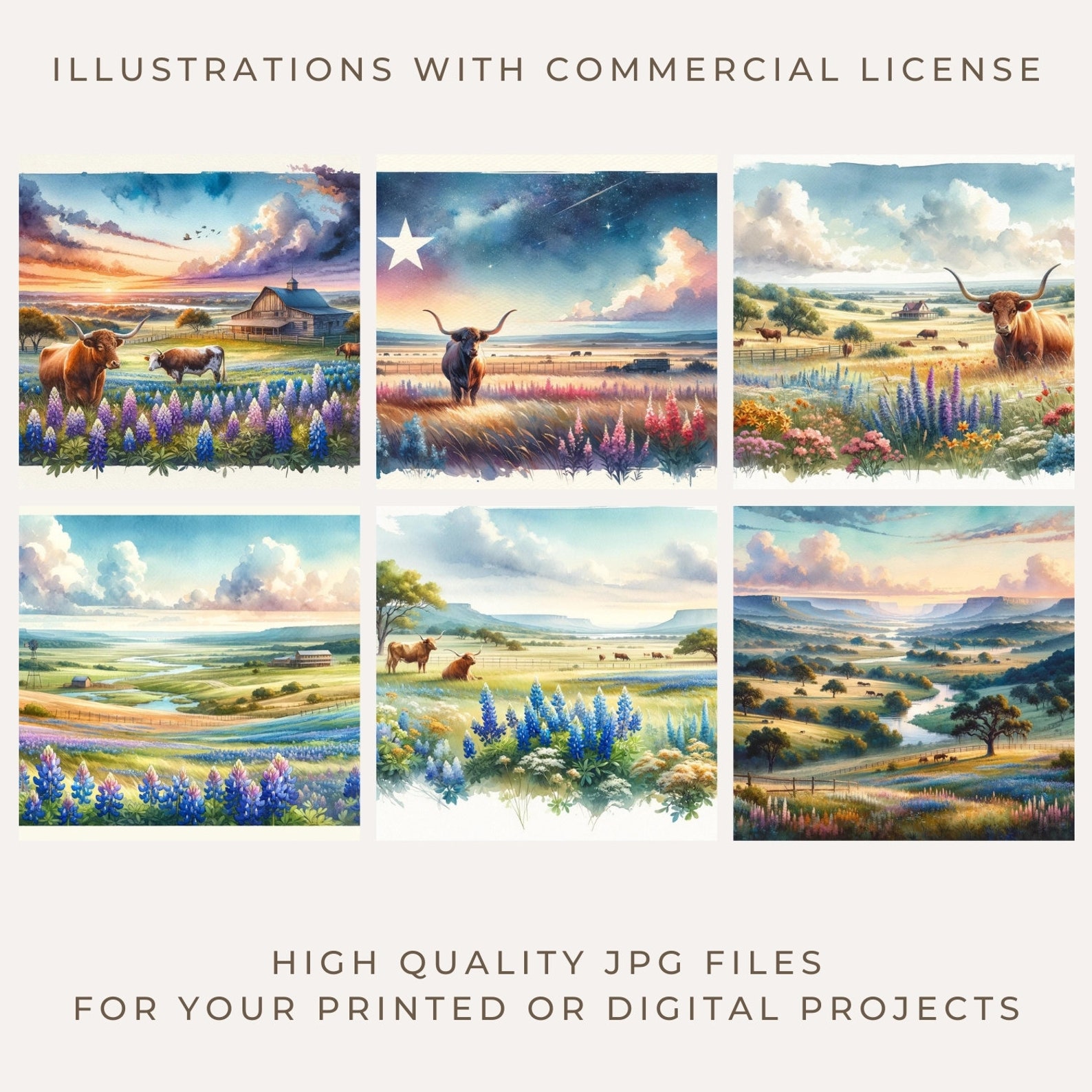 14 Watercolor Texas Landscape Digital Image Printable Design ...