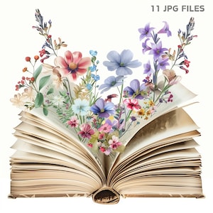 11 Opened Book Clipart, Flower Bouquets, Watercolor Book Illustration ...