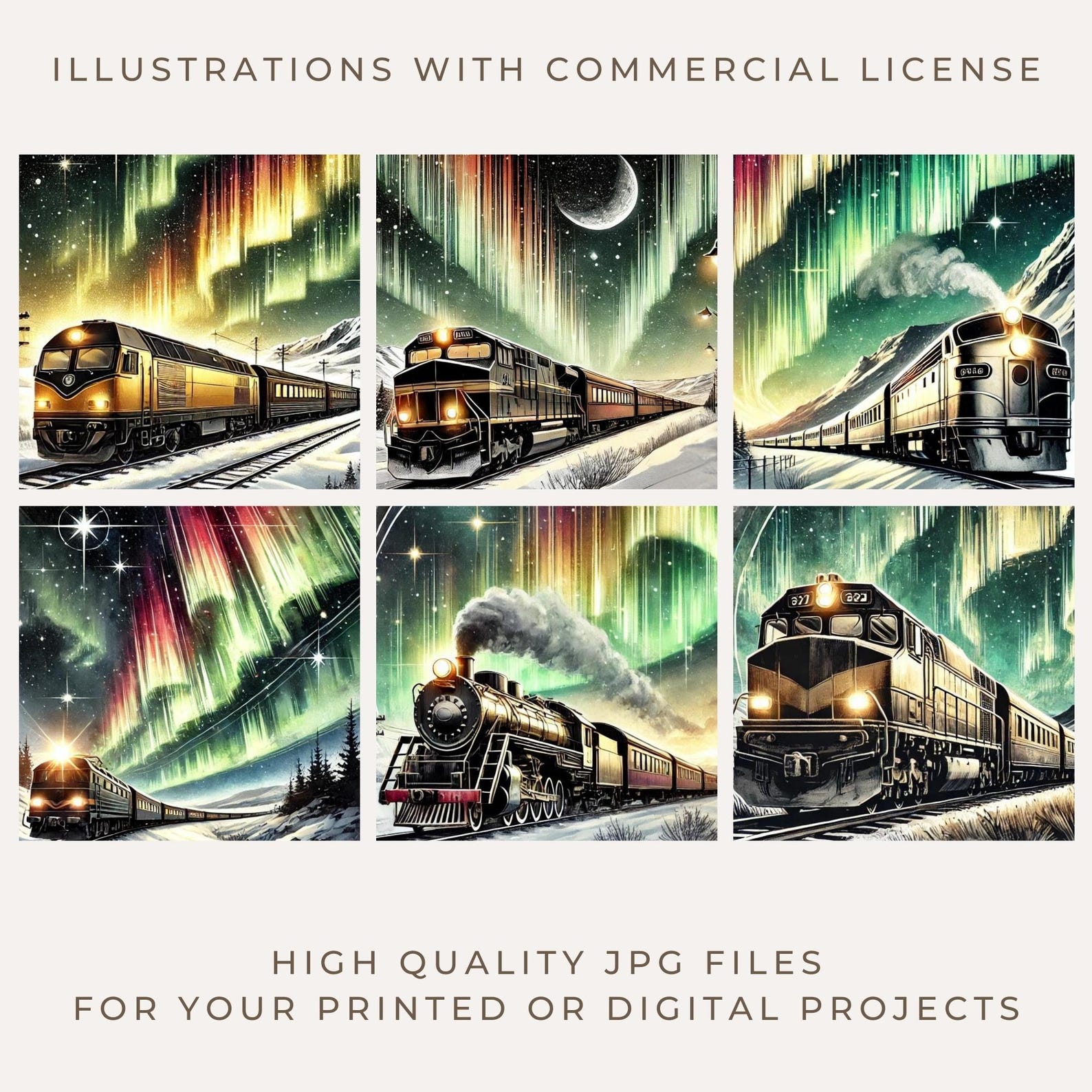 Northern Lights Night Sky Train Clipart, Watercolor Locomotive Images ...