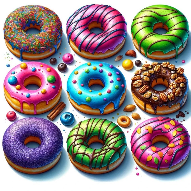 Vibrant Donut Digital Clipart Set for Cute Dessert Designs, Commercial ...