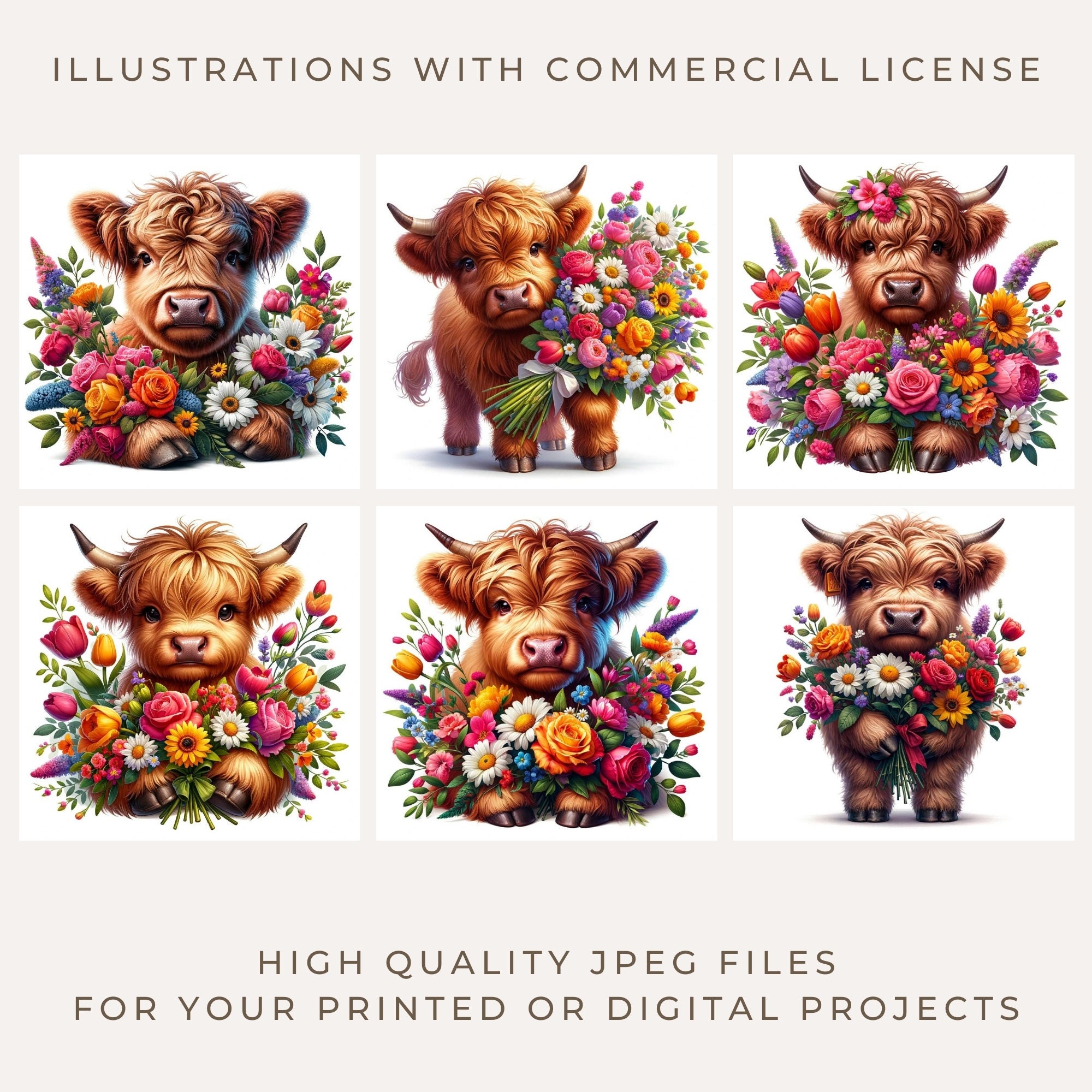 11 Highland Cow With Flowers, Farm Images Instant Download for Junk ...