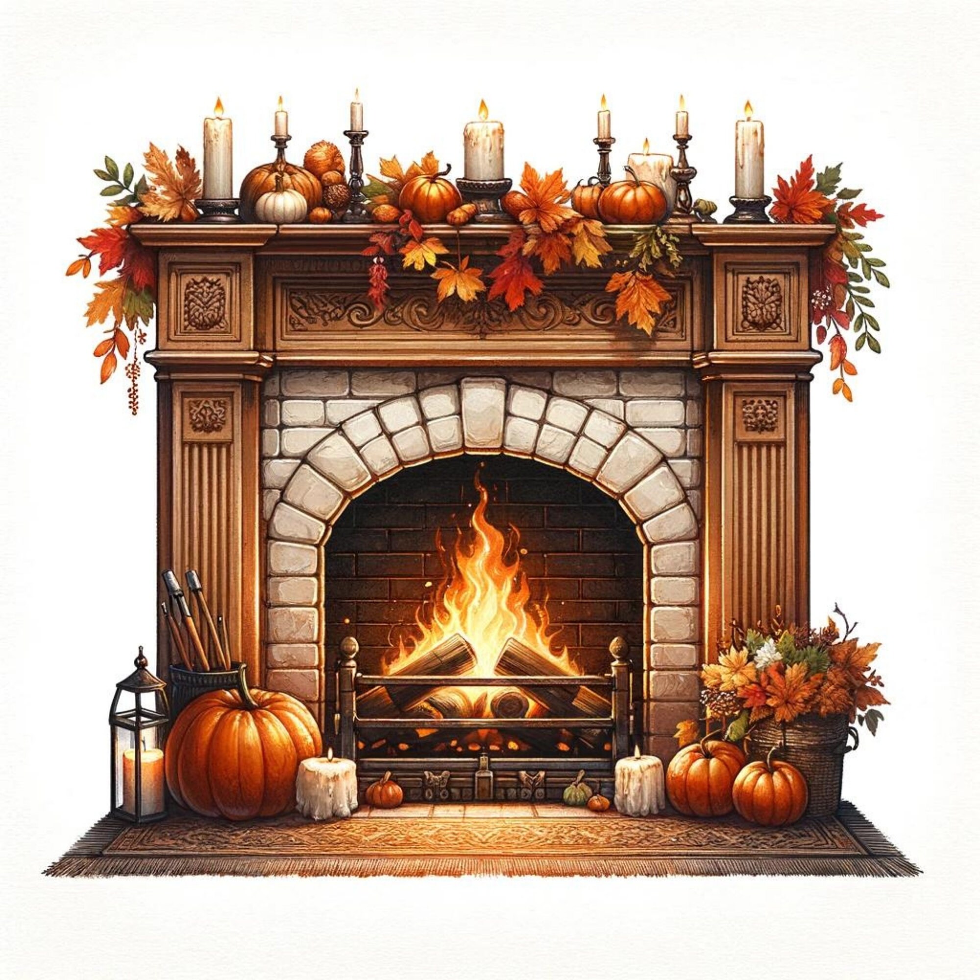 Cozy Autumn Fireplace Clipart Set, Thanksgiving Watercolor Digital ...