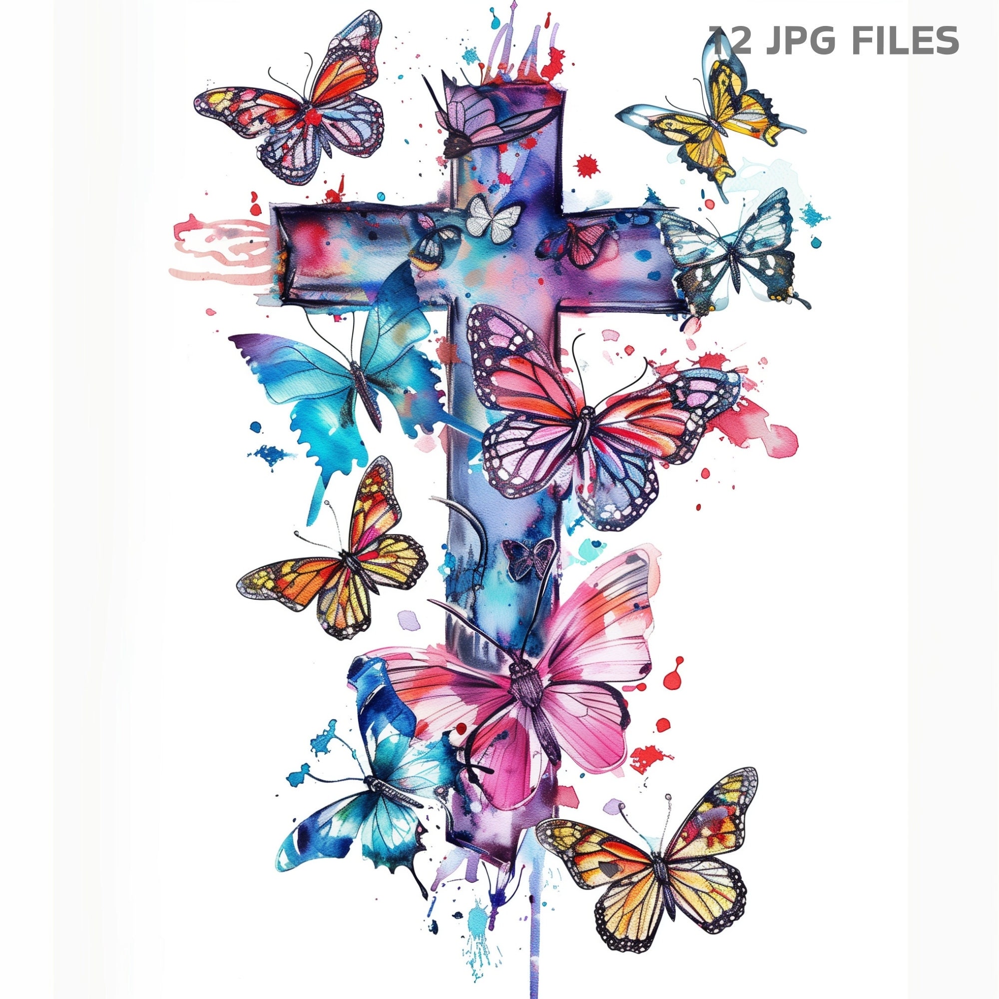 12 Butterflies With Cross Clipart, Spring Butterfly Print and Cross Set ...