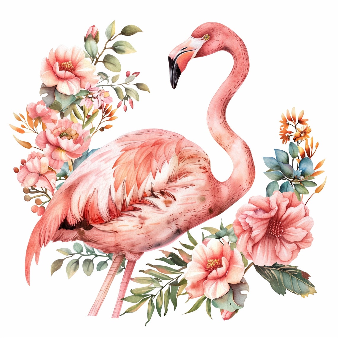 Tropical Birds Clipart Bundle, Flamingo Watercolor & Exotic Flowers ...