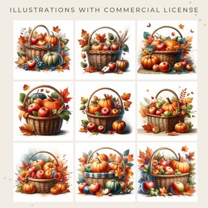 Autumn Basket With Apples, Pumpkins, and Leaves, Digital Watercolor ...