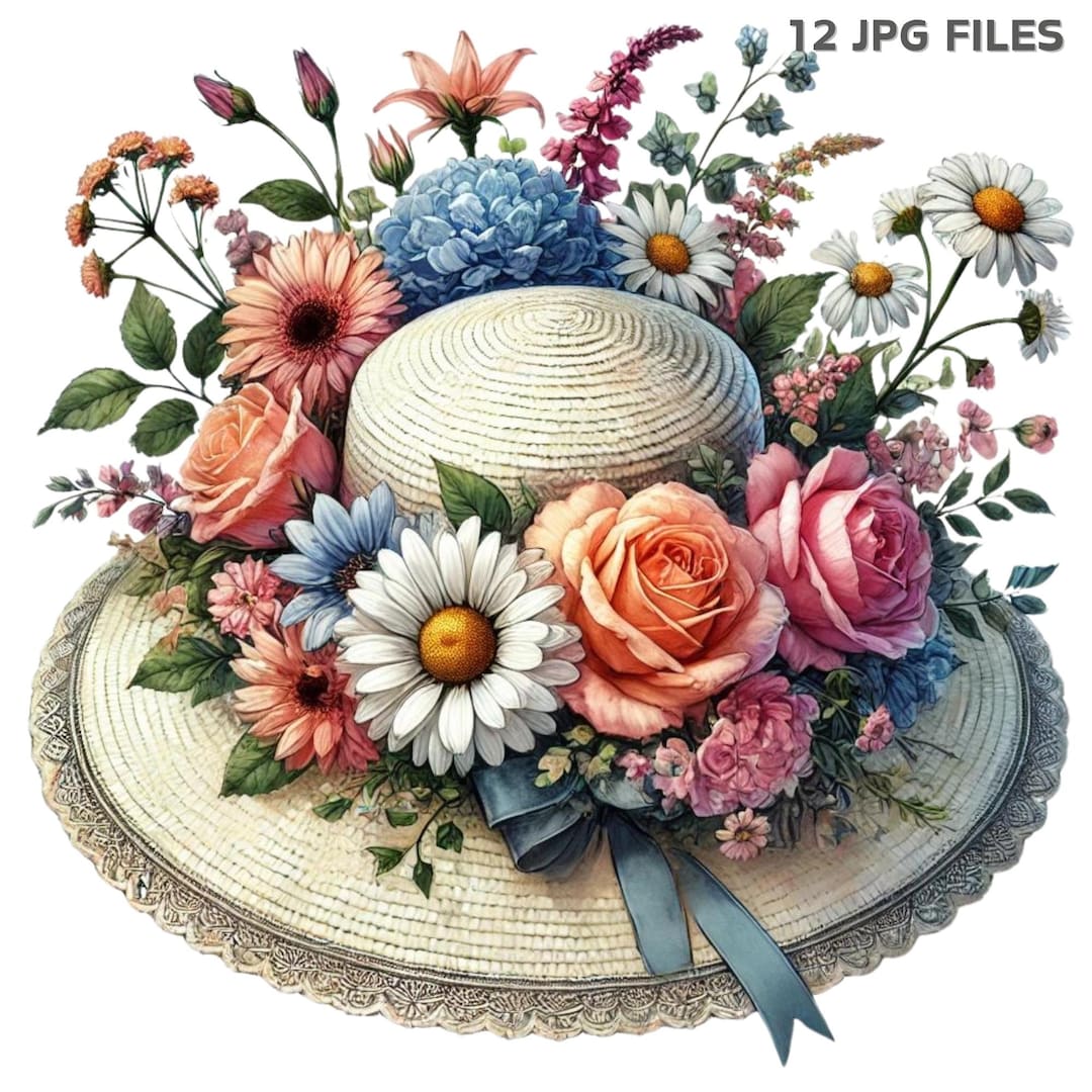 Watercolor Floral Flower Hat Clipart Set, Instant Download for Wedding ...
