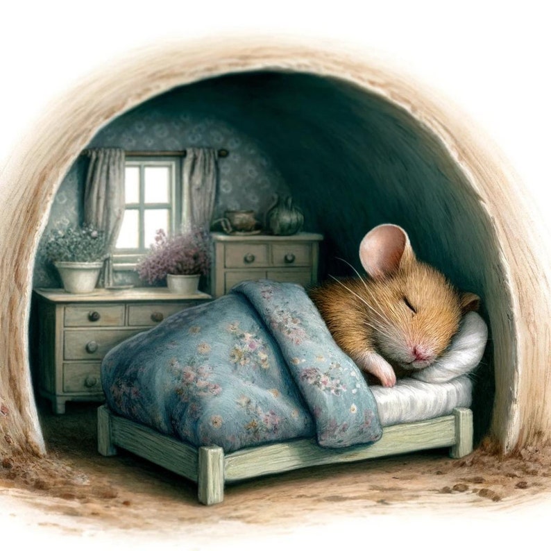 Mouse Sleeping in Little Bed in Mouse Hole, Watercolor Clipart, Instant ...