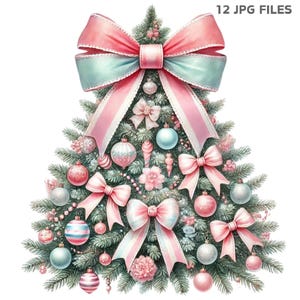 Coquette Christmas Tree With Pastel Bow Clipart, Preppy Pink Holiday ...