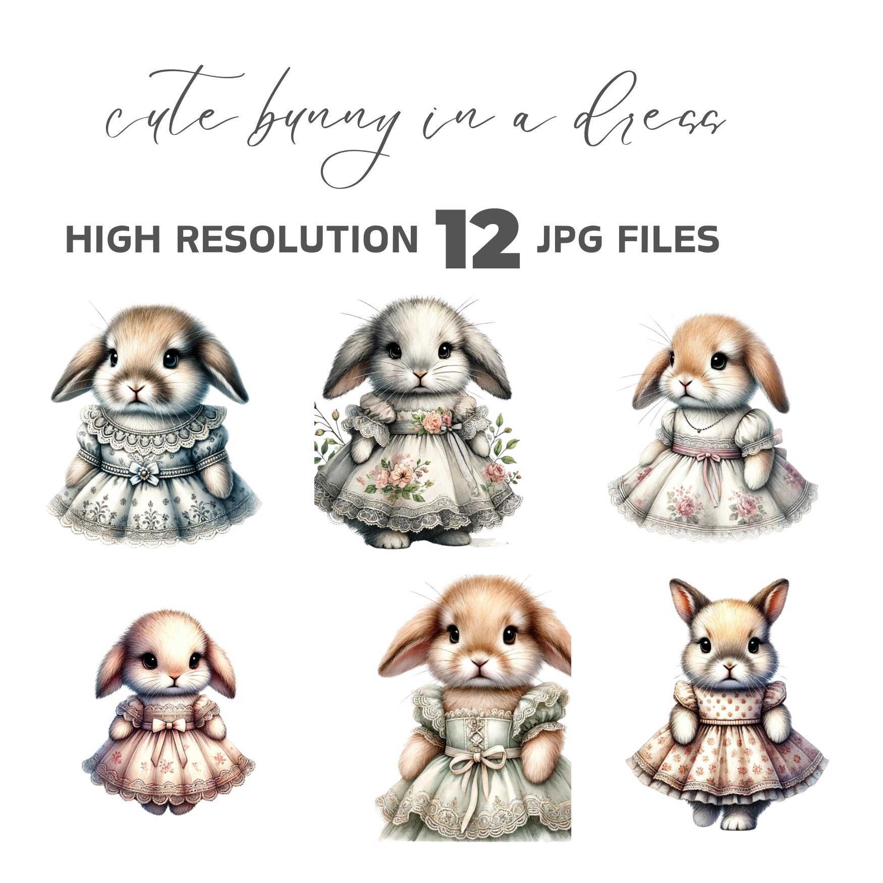 Cute Bunny in a Dress, Vintage Watercolor Bunny Clipart Bundle ...
