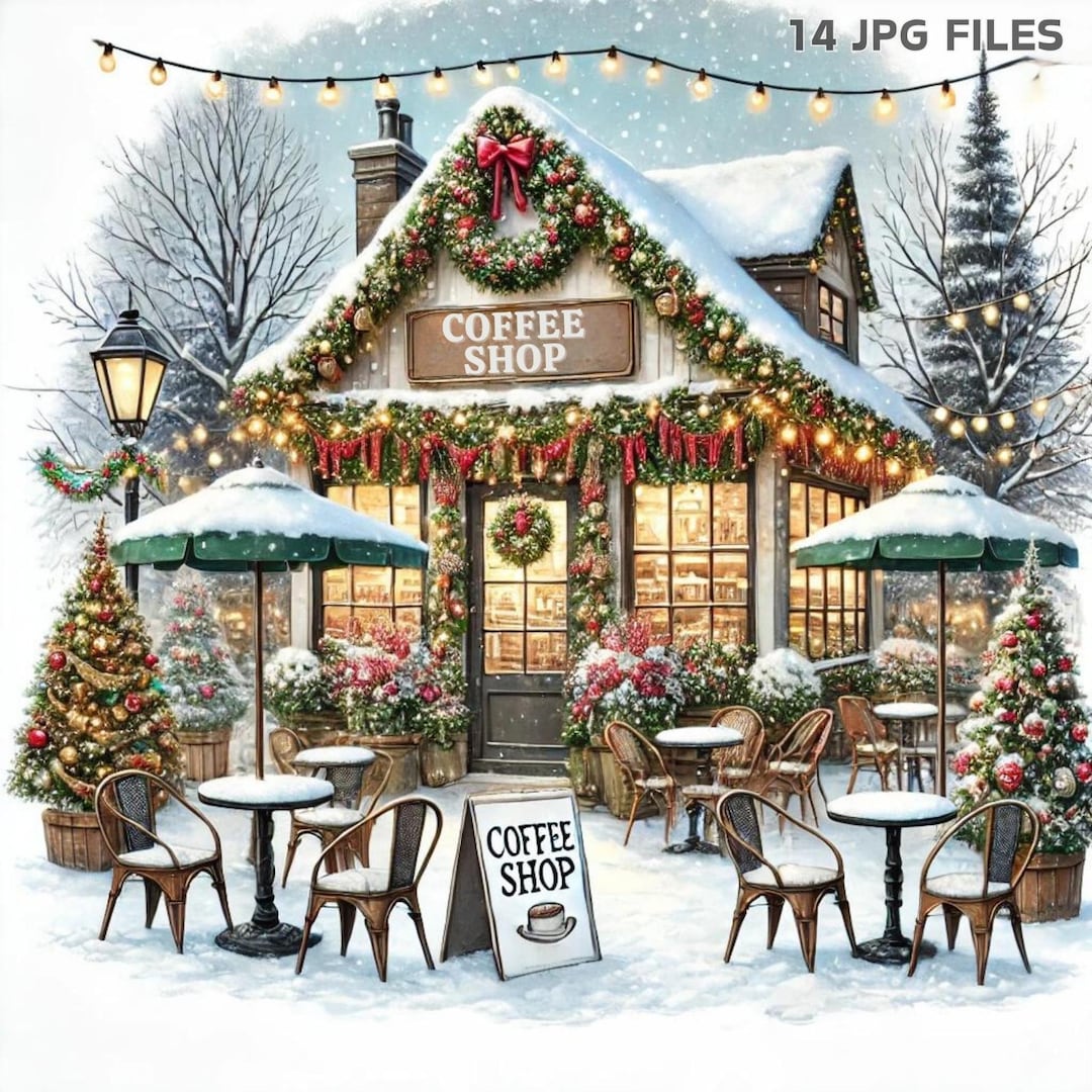 Christmas Outdoor Coffee Shop Clipart, Watercolor Winter Cafe ...