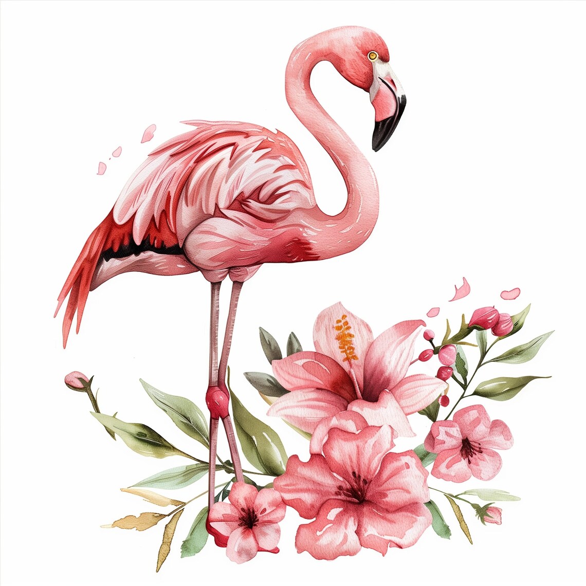 Tropical Birds Clipart Bundle, Flamingo Watercolor & Exotic Flowers ...